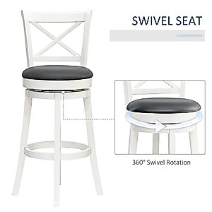 HOMCOM Traditional Bar Height Bar Stool, 31 Inch Seat Height Barstool, Swivel PU Leather Upholstered Chair, with Cross Back and Rubberwood Frame, Set of 2, Cream White