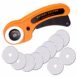 Rotary Cutter, 45mm Rotary Cutter for Fabric, Rotary Fabric Cutter with Safety Lock, Included Extra 10 Pack 45mm Replacement Blades, Ergonomic Rotary Cutter Tool for Quilting Sewing Arts Crafts