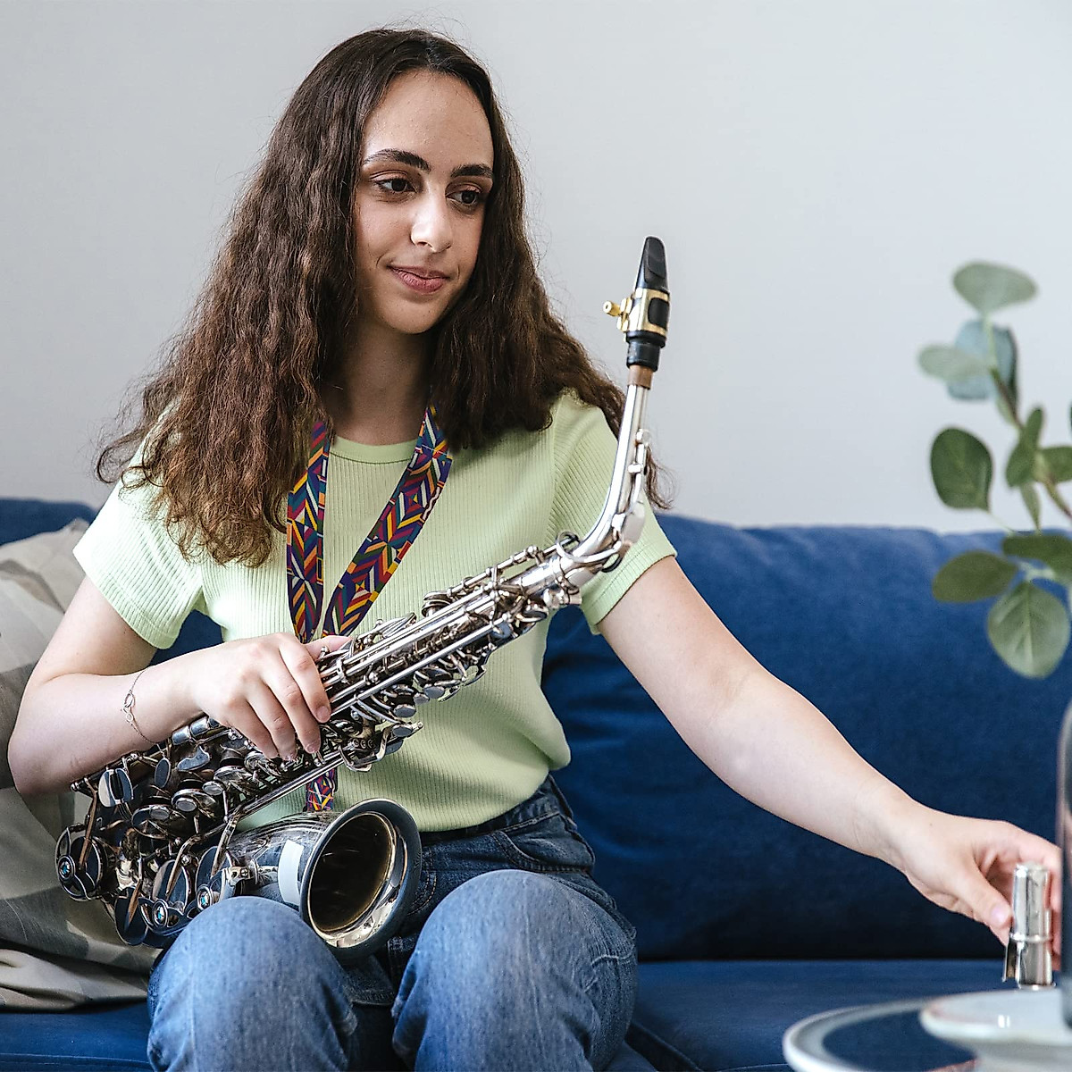 Xinlinke Saxophone Neck Strap Soft Padded Rainbow Braided Pattern for Alto Baritone Soprano Sax