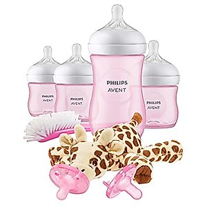 Philips Avent Natural Baby Bottle with Natural Response Nipple, Pink Baby Gift Set with Snuggle, SCD838/03