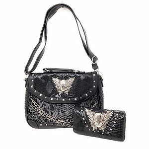 Texas West Women's Skull Chain Concealed Carry Handbag Purse Shoulder Bag/Crossbody Bag/Walllet (Black Set)