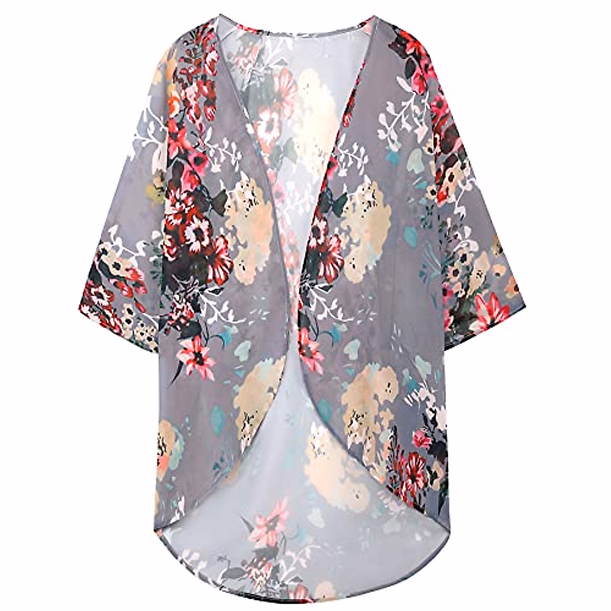 Women's Floral Print Puff Sleeve Kimono Cardigan Loose Cover Up Casual Blouse Tops(Dark Grey,L)