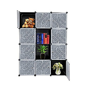 VINGLI Cube Storage, 12 Cubes Shelves Units, Closet Cabinet Bookshelf, DIY Plastic Modular Storage Cube Organizer w/Pattern White Doors and Hammer - Black