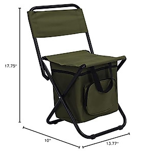 Sequpr Portable Foldable Camping Chair with Cooler Bag, Lightweight Backrest Stool Compact Folding Chair Seat, Outdoor Backrest Stool with Folding Backpack for Camping Hunting Fishing Hiking Green