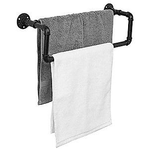 Rustic Industrial Wall Mount Pipe Hanger Holder Rack Clothes Bar,Double Towel Holder Hanger Rails,Iron Towel Rail,Multifunction Retro-Styled Bathroom Rack, Black