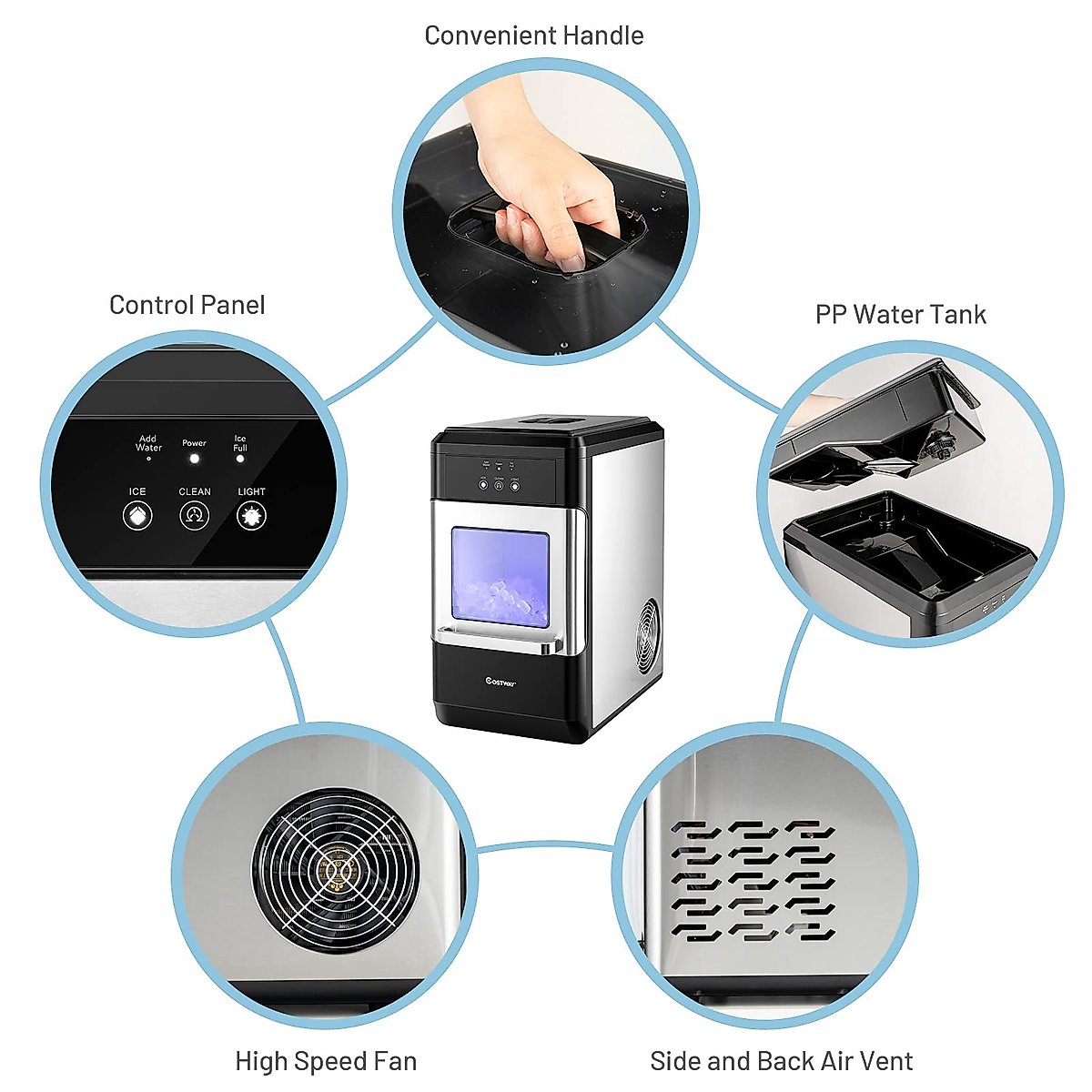 COSTWAY Nugget Ice Maker Countertop, 44 LBS Ice Makers with Built in Self-Cleaning, Intelligent Control Panel, Compressor and Ice Scoop, Portable Compact Ice Maker Machine for Party, Kitchen, Office
