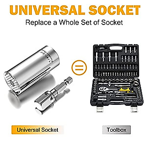 HTWORGRE Universal Socket, 1/4"-3/4" (7mm to 19mm) Ratchet Universal Socket Set with Wrench Power Drill Adapter - Best Tool Present for Handyman Men Husband Father Boyfriend Him (Silver)