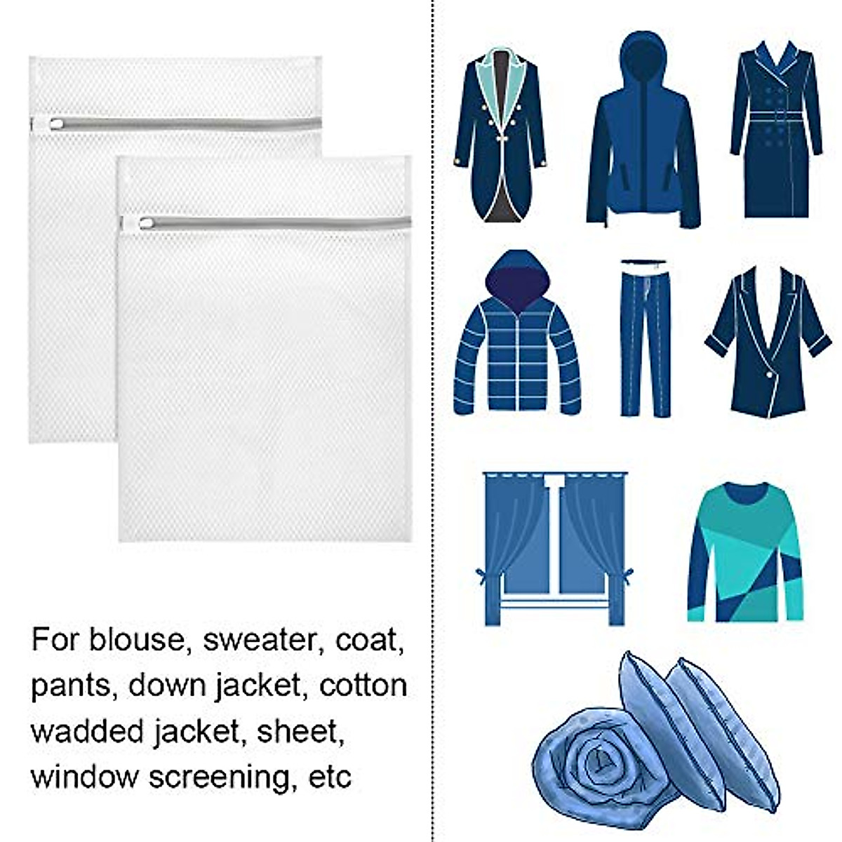 Extra Large Mesh Laundry Bag, 2 Pack Zippered Polyester Delicates Laundry Wash Bag, Washer and Dryer Safe Clothes Laundry Bag for Coat, Sweater, Bed Sheet, Window Screening