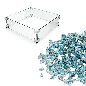 GASPRO 17.5 Inch Square Fire Pit Glass Wind Guard and 20LB Reflective Caribbean Blue Fire Glass