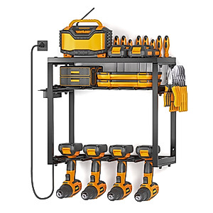 Power Tool Organizer Wall Mount, 3 Layers Drill Holder With Charging Station, Heavy Duty Garage Tool Storage，Utility Racks Shelf for Tool Batteries, Screwdriver, Wrench