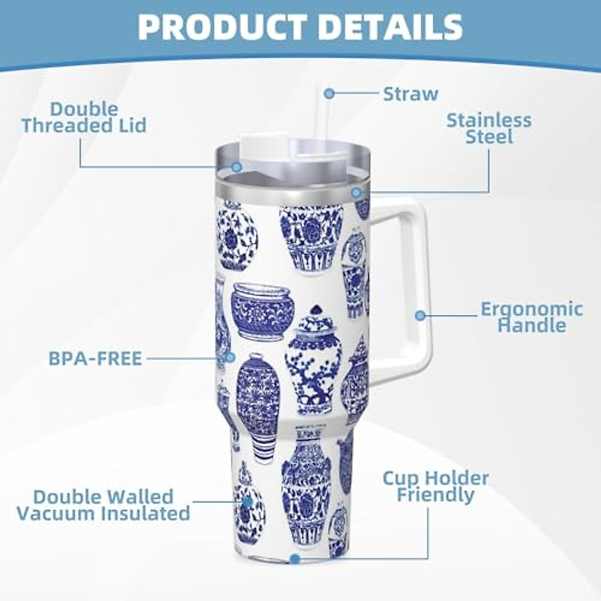 Xiexide 40oz Fits Cup Holder Sports Blue And White Porcelain Chinese Style Chinoiserie Antique Double Walled Vacuum Insulatedith Handle And Straw,Hot & Cold Drinks
