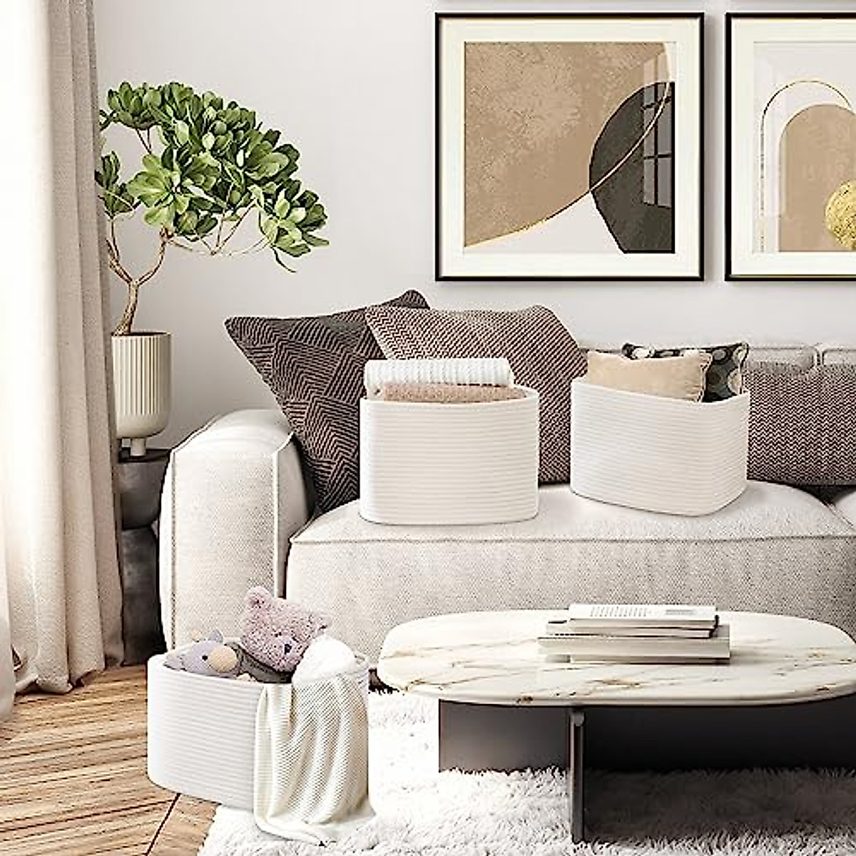 MEGASKET White Baskets for Organizing Set 3, 14.9" X 9.4" X 8.6" Cotton Rope Woven Baskets with Handles, Shelves White Wicker Storage Baskets, Baby Kids Closet Organizer Storage Bins, Cream White