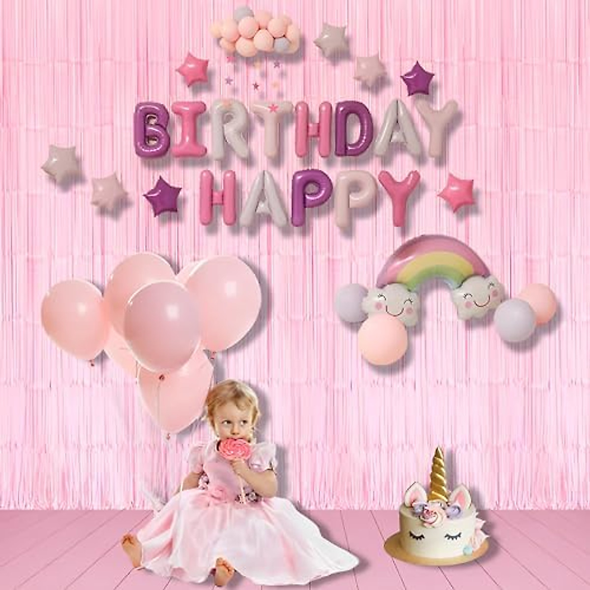 BRAVESHINE Macaron Pink Foil Fringe Curtains Tinsel Backdrop - Photo Booth Streamer Metallic Party Supplies for Girls' Pastel Birthdays Bridal Shower Bachelorette Dount Party Decorations - 2 Pcs