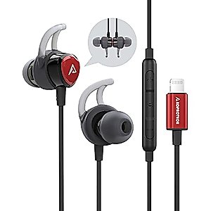 ADPROTECH Lightning Headphones Earphones Magnetic Earbuds in-Ear MFi Certified with Microphone Controller for Sports Workout Compatible with iPhone 14/13/12/11/Pro Max/Xr/Xs Max/X Black&Red