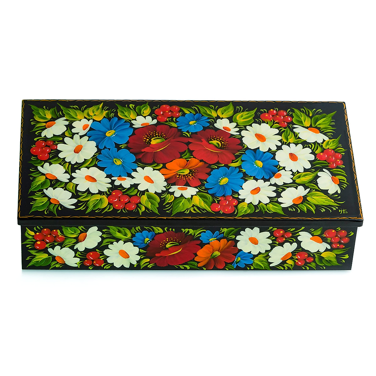 UA Creations Petrykiv Ethnic Rectangular Lacquered Wooden Jewelry Box with Lid, Hand Painted Flowers on Black, Beautiful Floral Design Gift for Women (red and blue)