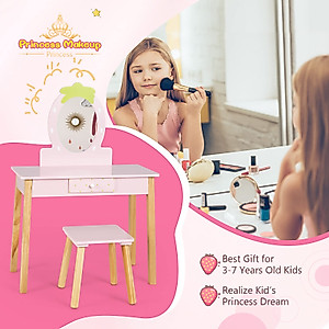 HONEY JOY Kids Vanity, Strawberry Themed Princess Makeup Vanity Set for Little Girls, Real Oval Mirror, Toddler Bedroom Dressing Table & Stool Set, Wooden Girls Vanity Set with Mirror and Stool, Pink