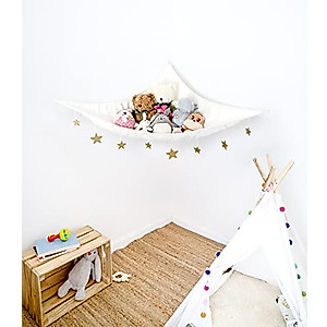 Mkono Stuffed Animal Toy Hammock Hanging Macrame Stuffed Animals Storage Net with Wooden Stars Decorations Boho Large Corner Plush Toys Holder for Nursery Playroom Kids Room Organizer, White