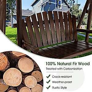 Tangkula Wooden Porch Swing, 2 Person A-Frame Outdoor Swing with Adjustable Canopy, Armrest, 2 Side Tables, Outdoor Swing with Wood Stand for Garden, Backyard, Deck, Poolside (Rustic)
