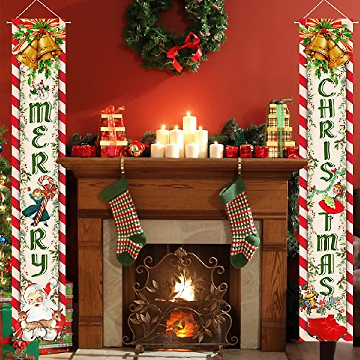 Christmas Porch Sign Decorations | Vintage Christmas Elf Hanging Banner with Santa Claus | Retro Merry Christmas Front Door Decor for Xmas Holiday Party Outdoor Indoor Yard Home