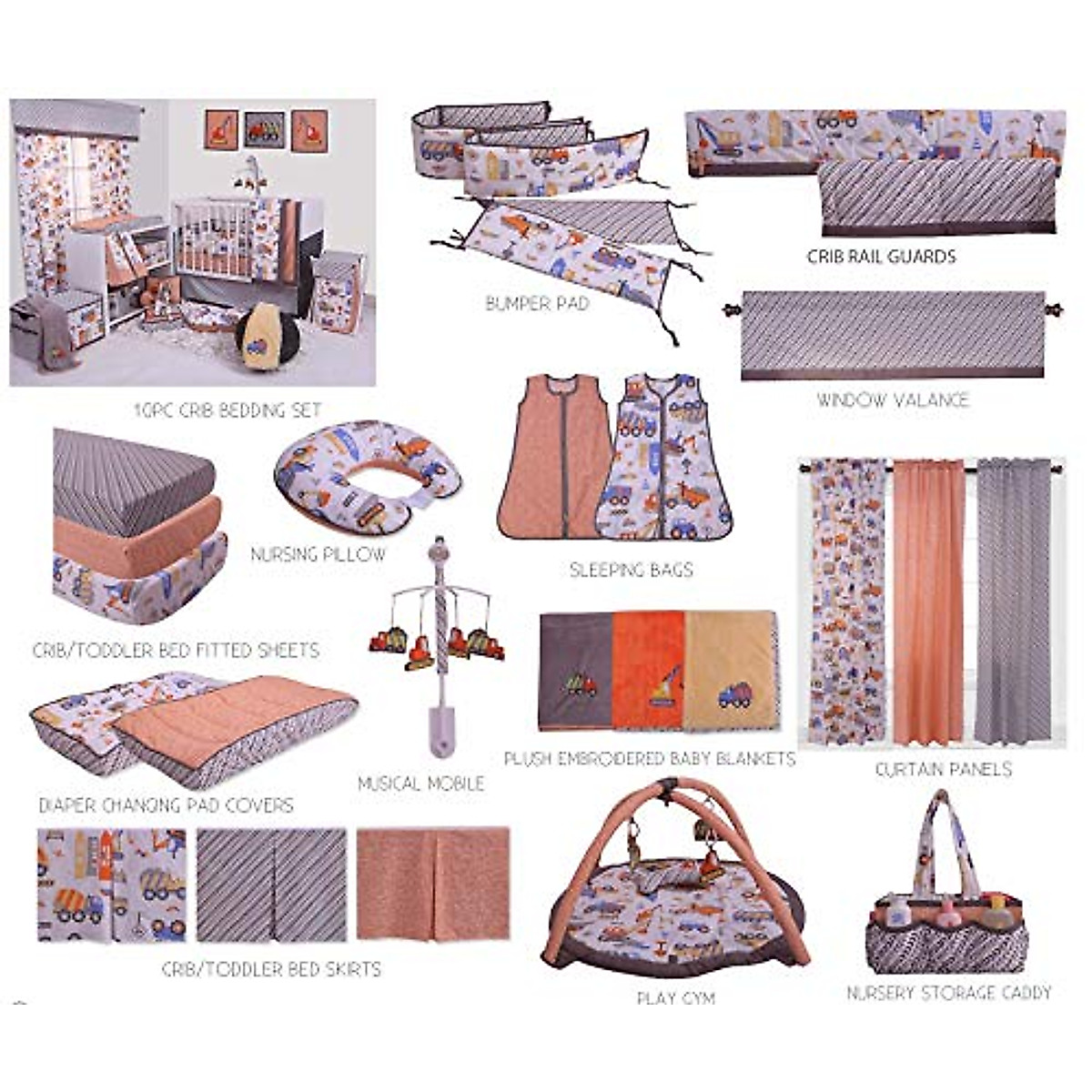 Bacati Construction Multicolor Boys Cotton 4 Piece Toddler Bedding Set 100 Percent Cotton Includes Reversible Comforter, Fitted Sheet, Top Sheet, and Pillow Case for Boys