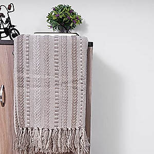 Farmhouse Throw Blanket Pure Cotton Woven Stripe Knitted Blankets Soft and Cozy with Decorative Tassel for Chair, Couch and Picnic Throws - Brown - 50 x 60 Inches