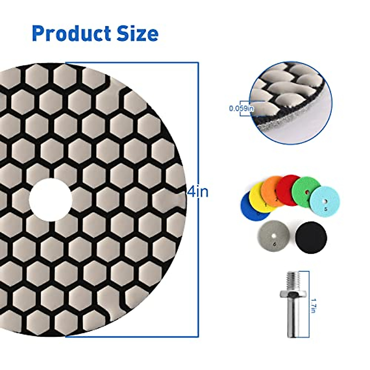 iMetrx 8Pack Diamond Polishing Pads 4 inch Dry (7pcs, Grits 50#-2000#) and Backer Pad (1Set) Concrete Diamond Sanding Discs Marble Granite Stone polishing kit