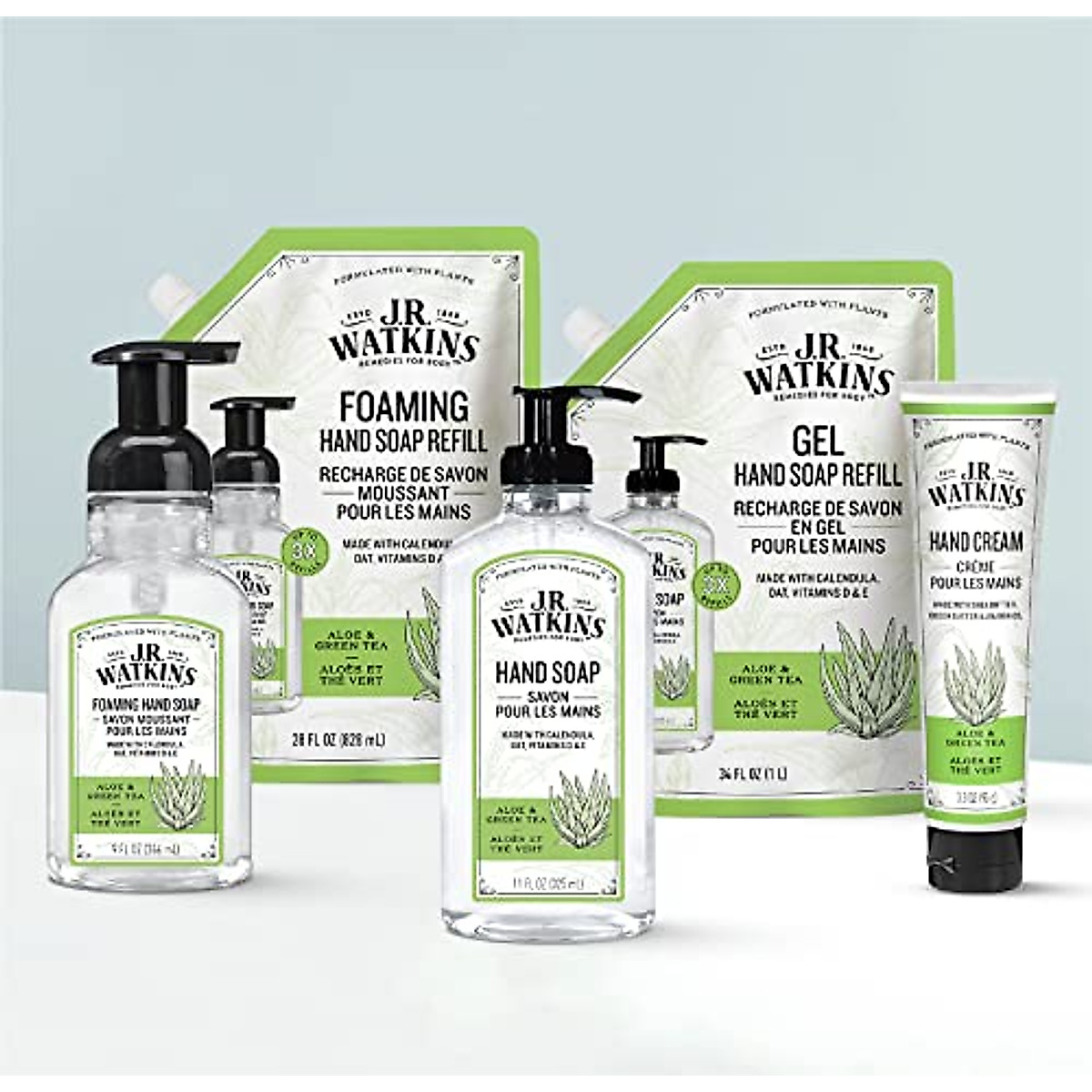 J.R. Watkins Foaming Hand Soap Pump with Dispenser, Moisturizing All Natural Hand Soap Foam, Alcohol-Free, Cruelty-Free, USA Made, Use as Kitchen or Bathroom Soap, Aloe & Green Tea, 9 fl oz, 6 Pack