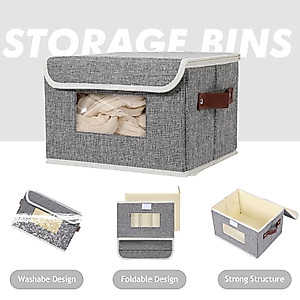 ANMINY 2 PCS Fabric Storage Bins with Lid PU Leather Handles Clear Window Washable PP Plastic Board Decorative Foldable Lidded Cotton Linen Storage Boxes Baskets Closet Organizer - Gray, Small Size