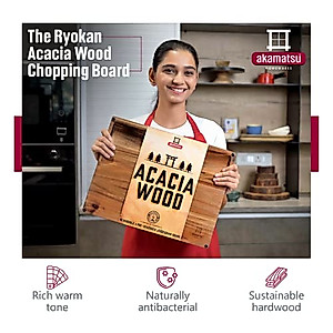 AKAMATSU HOMEWARES | RYOKAN Acacia Wood Cutting Board | Edge Grain XL Cutting Board with Deep Juice Well | 17x13.2x1" Charcuterie Board Serving Platter with Sorting Compartments | Sustainable Gift Box