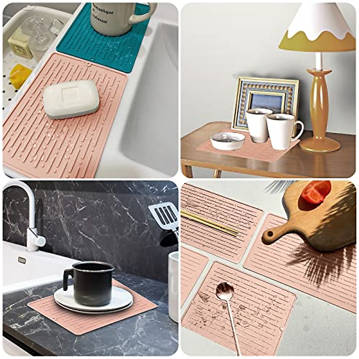 GeeRic Dish Drying Mats, Heat-resistant Silicone Mat for Kitchen Counter, Non-Slip Dish Dry Mat Dishwasher Safe Large, Pink