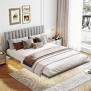 Floating Bed Frame Queen Size Upholstered Bed with Sensor Light and Headboard, Floating Velvet Platform Bed, No Box Spring Needed for Kids Teens Adults,Gray