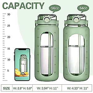 BLUEGO 64 oz Glass Water Bottles with Straw Time Marker Half Gallon Large Motivational Bottle Silicone Sleeve 2 Liter Jug for Gym, Sports& Workout, Olive