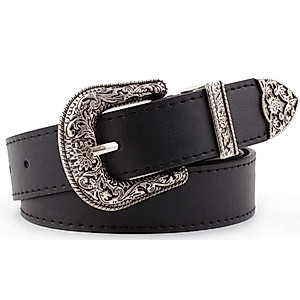 INOGIH Western-Leather-Belts-Women Vintage Waist-Belts with Hollow Out Flower Buckle