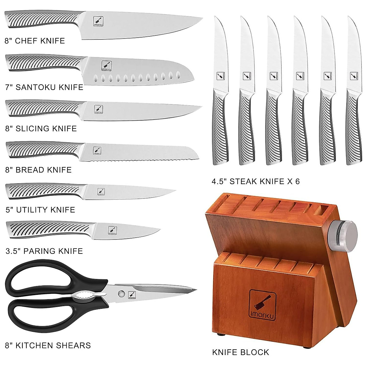 imarku Knife Set with Block for Kitchen, 14PCS High Carbon Stainless Steel Knife Set, One-piece Dishwasher Safe Kitchen Knives Set, Chef Knife Set with Built-in Sharpener, Non-slip Ergonomic Handle