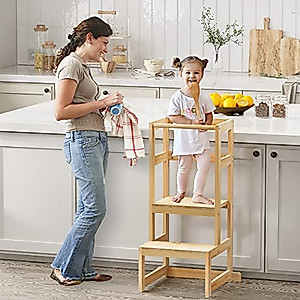 AMBIRD Toddler Step Stool, 3 Adjustable Height Kitchen Step Stool for 18-48 Months Kids, Wooden Toddler Kitchen Stool with Rail & Non-Slip Mat for Kitchen & Bathroom Sink (Natural Color)