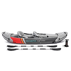 Intex Dakota K2 2 Person Inflatable Vinyl Kayak and Accessory Kit with 86 Inch Oars, Air Pump, and Carry Bag for Lakes and Rivers, Gray and Red