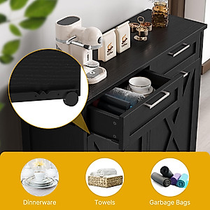 DWVO Double 10 Gallon Tilt Out Trash Bin Cabinet with 2 Drawers, Wooden Trash Can Trash Cabinet Kitchen Island with Garbage Bin Laundry Hamper for Kitchen, 39.4”W x 14”D x 36.8”H, Black