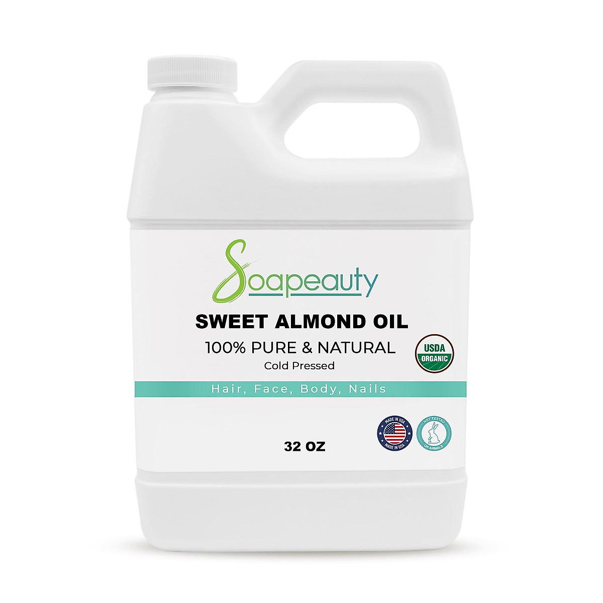Soapeauty Sweet Almond Oil Cold Pressed Refined USDA Organic | 100% Pure Sweet Almond Oil Available in Bulk | Carrier for Essential Oils, Almond Oil for Skin, Face, and Hair, Soap Making | 32 fl oz