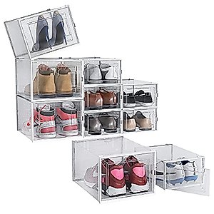 WAYTRIM Stackable Sneaker Storage Shoe Box, Foldable 10 Pack Storage Container 6 Small and 4 Large Clean Plastic Shoe Storage Organizers Drop Front Stackable and Foldable Box for Sneakers - White