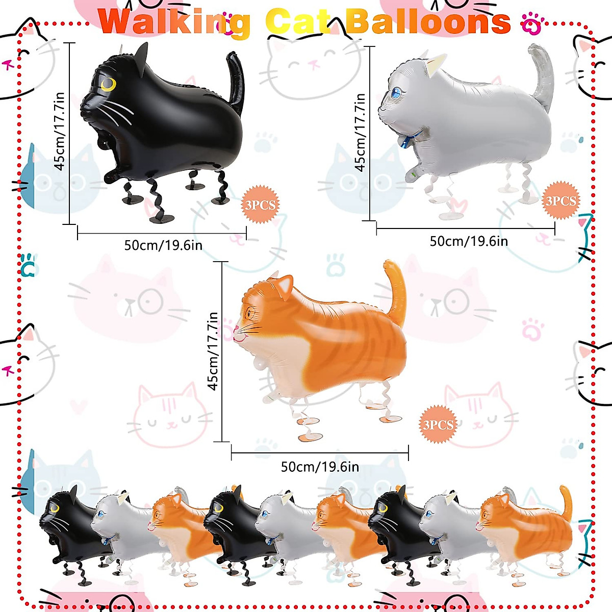 CCOZN 9 Pcs Walking Cat Balloons, Cat Mylar Balloon with 3 Ribbons Walking Animal Balloons Foil Long Balloons for Cat Theme Birthday Party Decorations Walking Cat Balloons Birthday Party Supplies