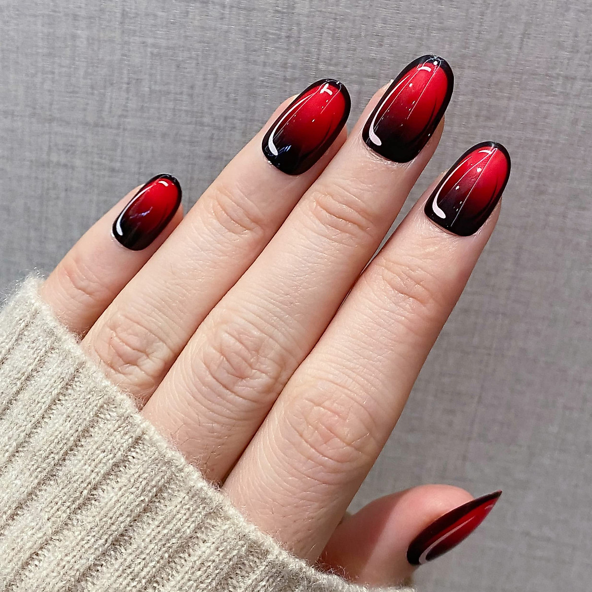 NOVO OVO Short Almond Oval Red To Black Ombre Comicbook Thick False Fake Press on Nails CARTOON NAIL Glossy Trendy Popart Opaque Stick on Acrylic Kit with Glue for Valentine's Day Spring