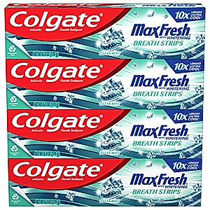 Colgate Max Fresh Toothpaste, Whitening Toothpaste with Mini Breath Strips, Clean Mint Toothpaste for Bad Breath, Helps Fight Cavities, Whitens Teeth, and Freshens Breath, 4 Pack, 6.3 Oz Tubes