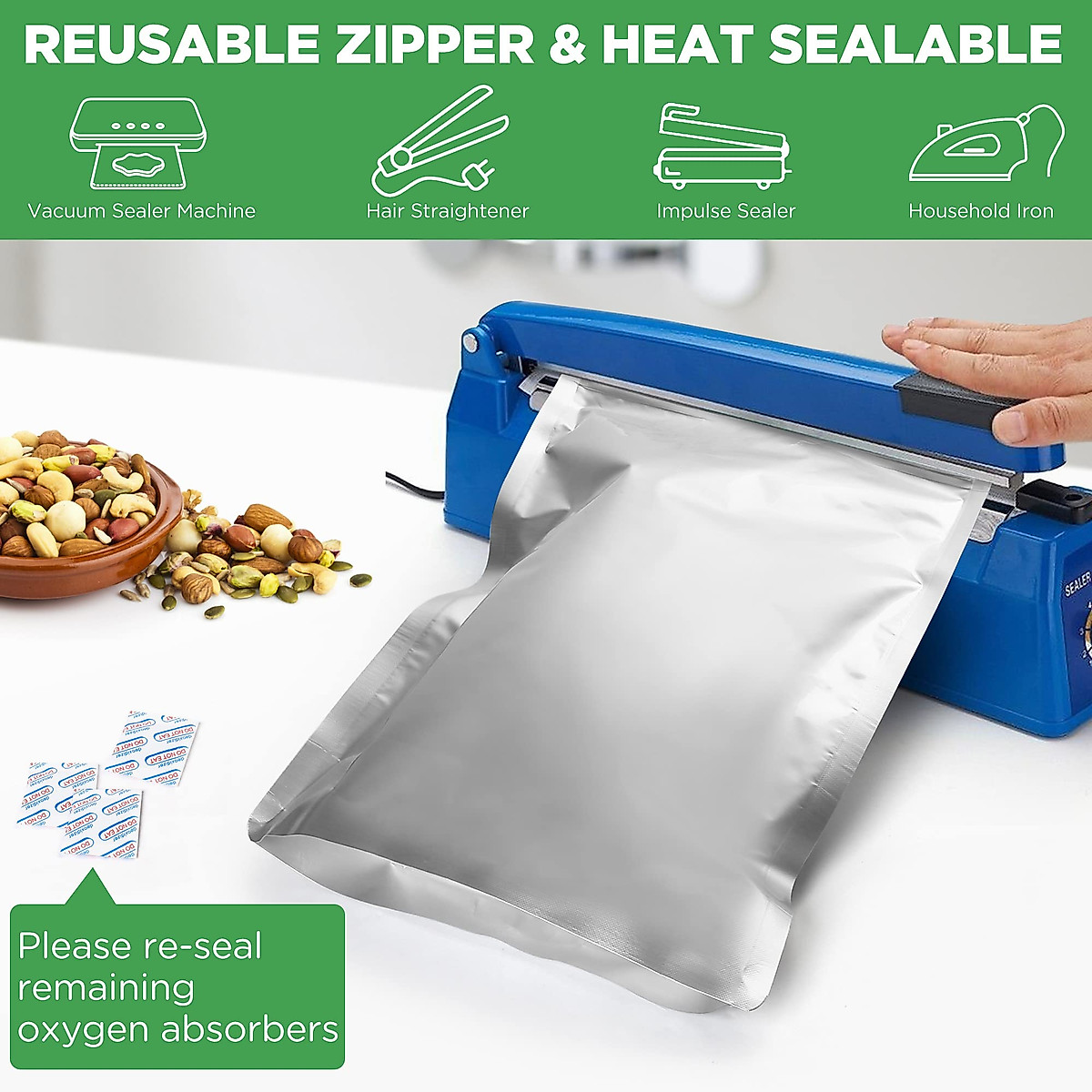 Food Container Storage Mylar Bags, 100 Pcs with Oxygen Absorbers and Labels, Resealable Ziplock Bags for Heat Sealable, 3 Sizes (Gallon, Quart, Small), Thick 8.6 Mil