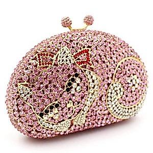 Ladies Wedding Clutch-Purse Chain Rhinestone Evening-Bag Diamond Luxury Handbag Pink Cat