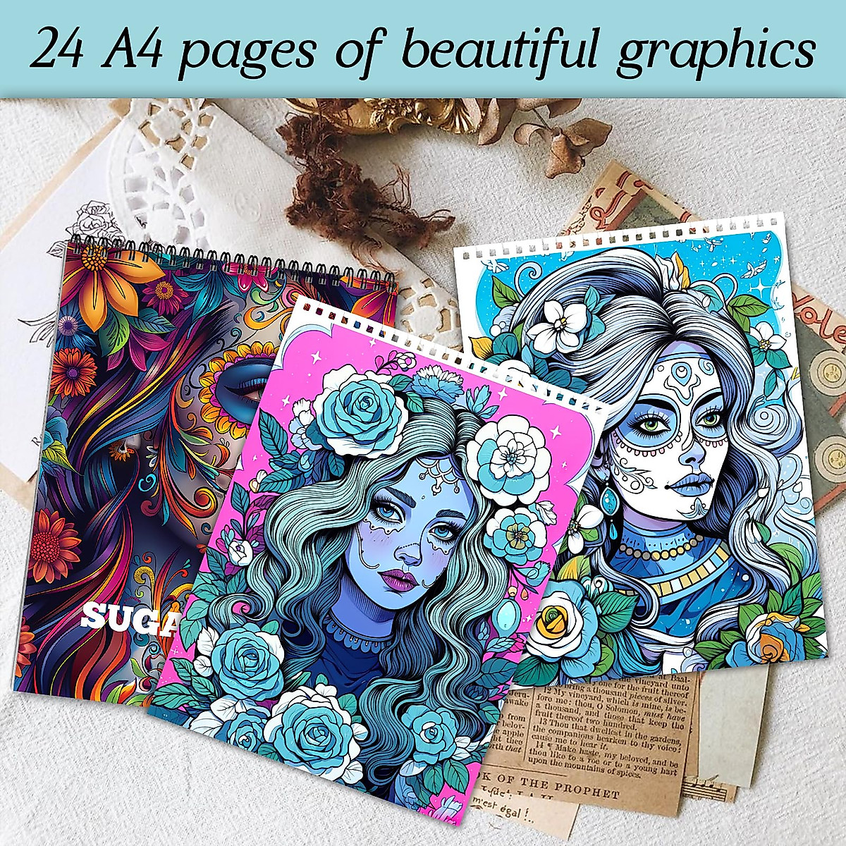 Sugar Skull Women Coloring Book for Adult Women Relaxation, Spiral Bound, Printed Single-Sided, Anxiety and Depression 24 Pages Coloring Book Arts and Crafts Sugar Skull Gift for Adult Women
