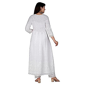 Chikankari Cotton Anarkali Indian Kurti For Women Summer Dress Kurta Pant With Dupatta Set Pakistani Long Kurta-(XXL) White