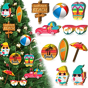 Chunful Summer Tree Ornaments Wood Hanging Decoration Beach Wooden Slices Christmas Winter Tree Ornaments with String for Luau Hawaiian Party Supplies(Beach Style, 30 Pieces)