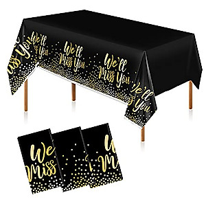 GuoZhiXin 3 Pack We Will Miss You Black and Gold Plastic Tablecloths, Disposable Party Table Cloths, Dot Confetti Covers for Retirement Awaits Bye Office Work Graduation , 54inch x 108inch