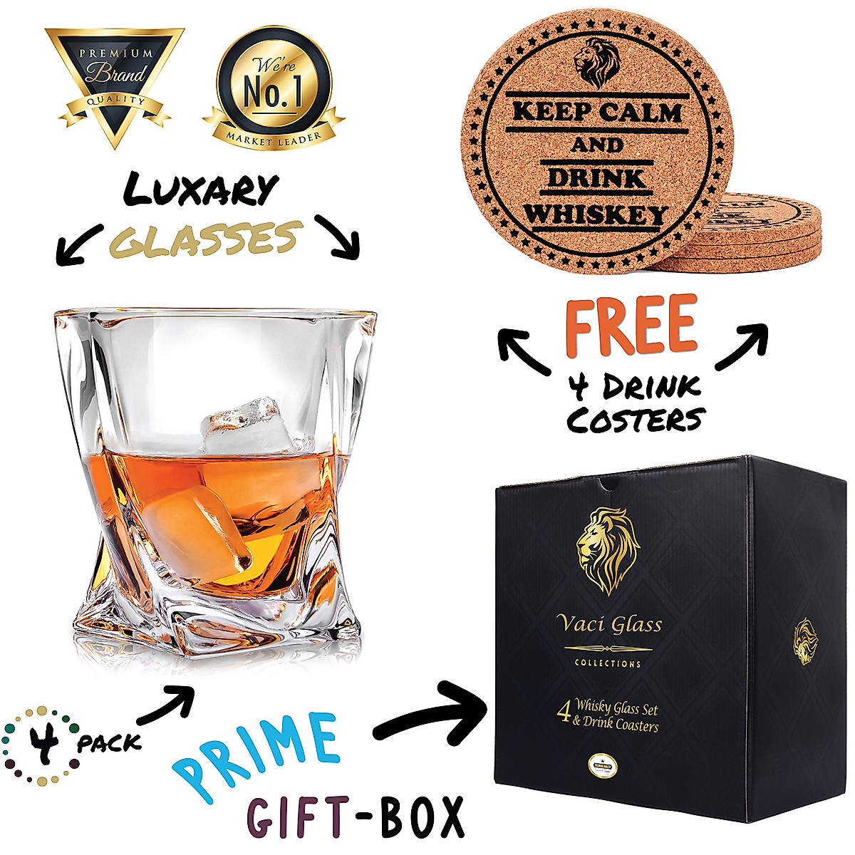 VACI GLASS Crystal Whiskey Glasses - Set of 4 - with 4 Drink Coasters, Crystal Scotch Glass, Malt or Bourbon, Glassware Set