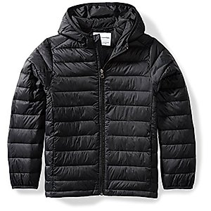 Amazon Essentials Boys' Lightweight Water-Resistant Packable Hooded Puffer Coat, Black, X-Large